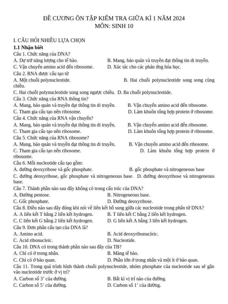 đề cương giữa kì 1 k10-hs | PDF