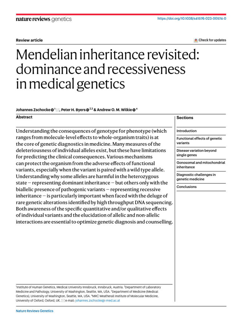 Mendelian inheritance revisited- dominance and recessiveness in medical genetics | PDF ...