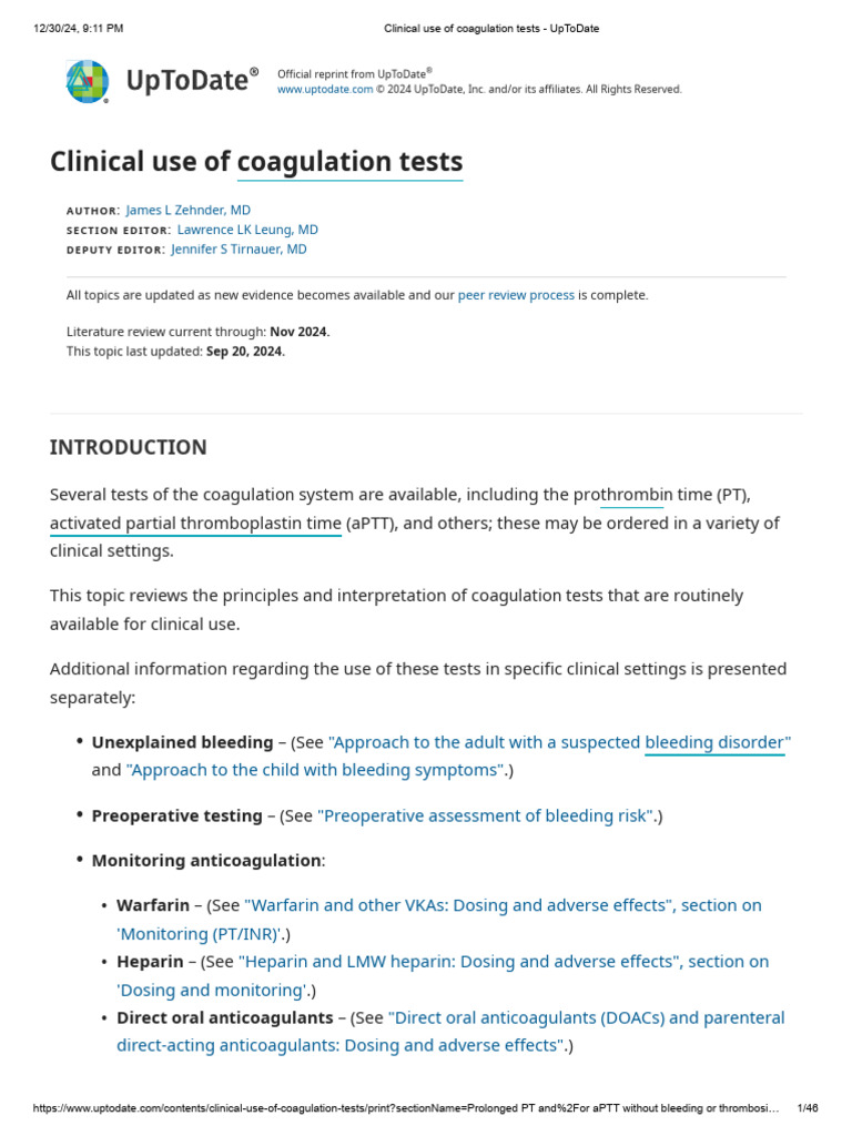 Clinical Use of Coagulation Tests - UpToDate | PDF | Coagulation | Bleeding