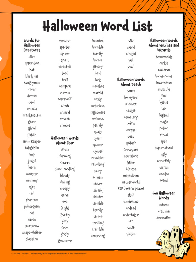We Are Teachers Halloween Word List | PDF | Halloween | Ghosts