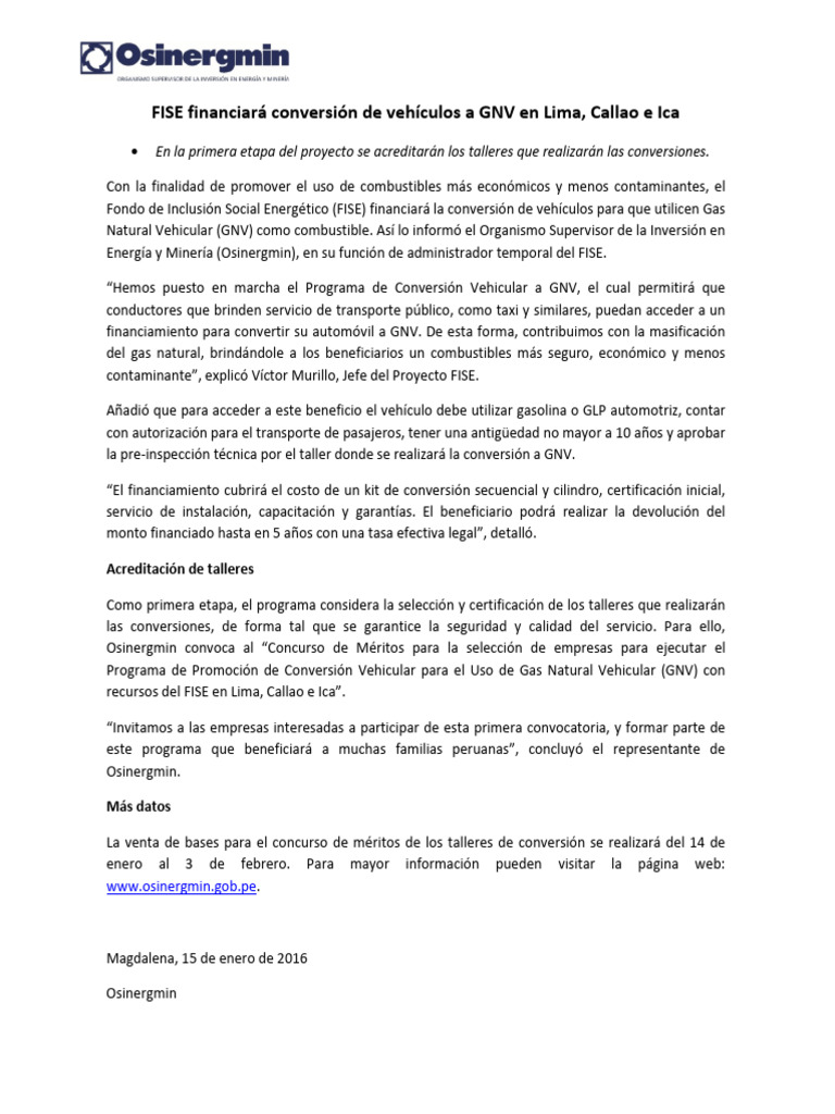 FISE Financiará Conversión de Vehículos A GNV en Lima | PDF