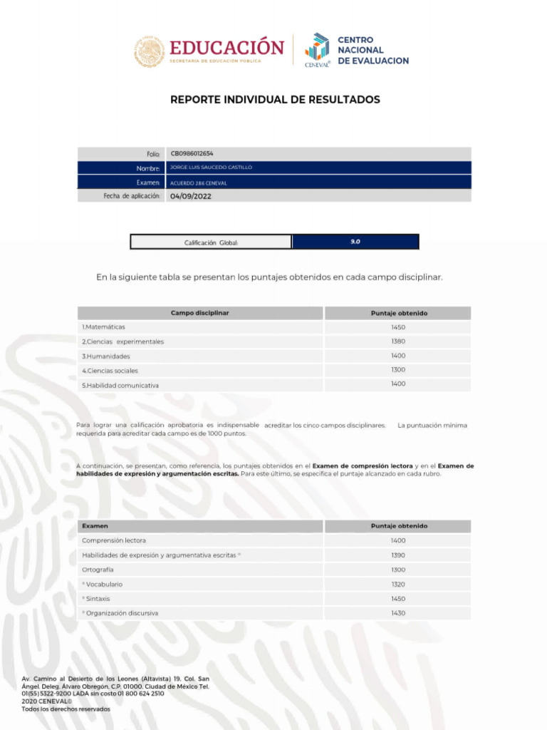 Resultados CENEVAL Jorge Saucedo 2022 | PDF