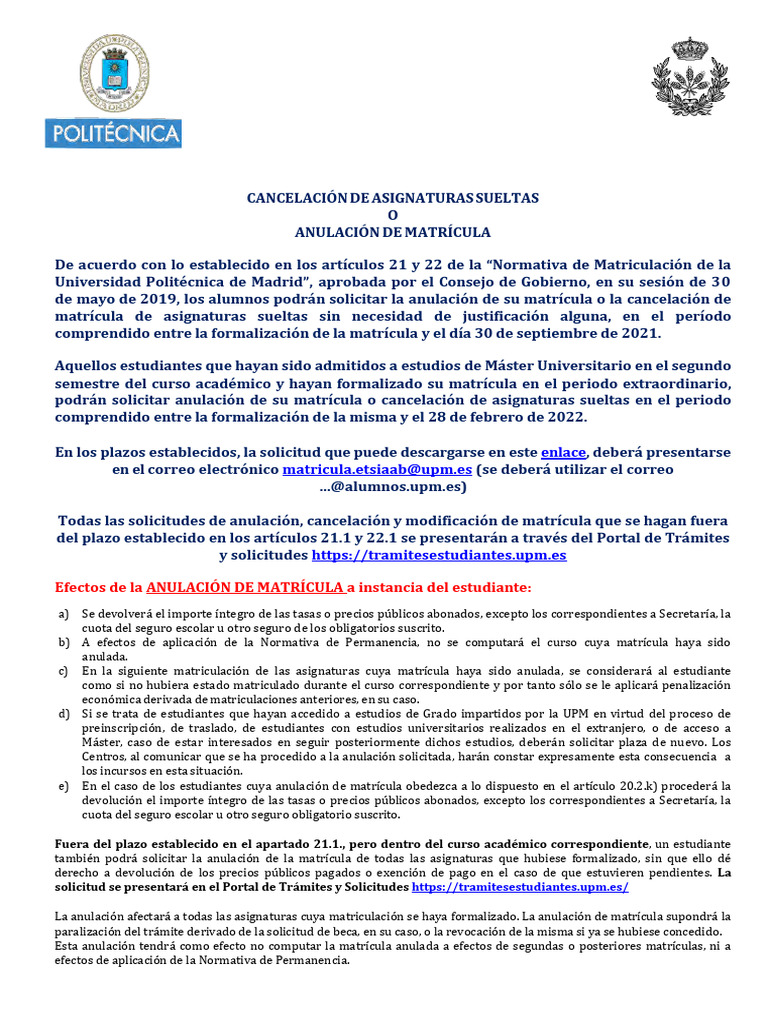 CANCELACIoN DE ASIGNATURAS SUELTAS O ANULACIoN DE MATRiCULA 150721 | PDF