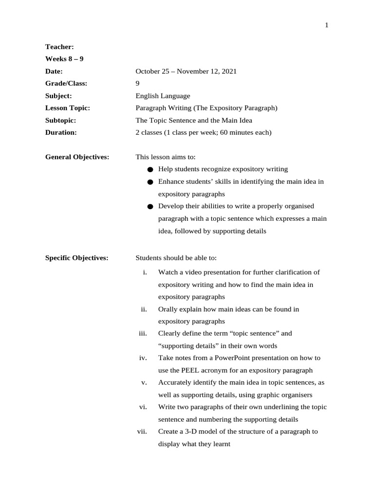 Grade 9 Lesson Plan Paragraph Writing October 25 - Nov 12 J 2021 | PDF ...