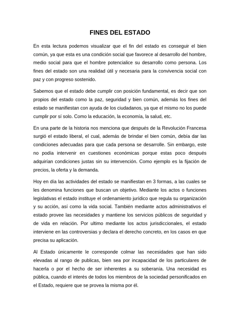 FINES DEL ESTADO | PDF | Estado (política) | Bien común