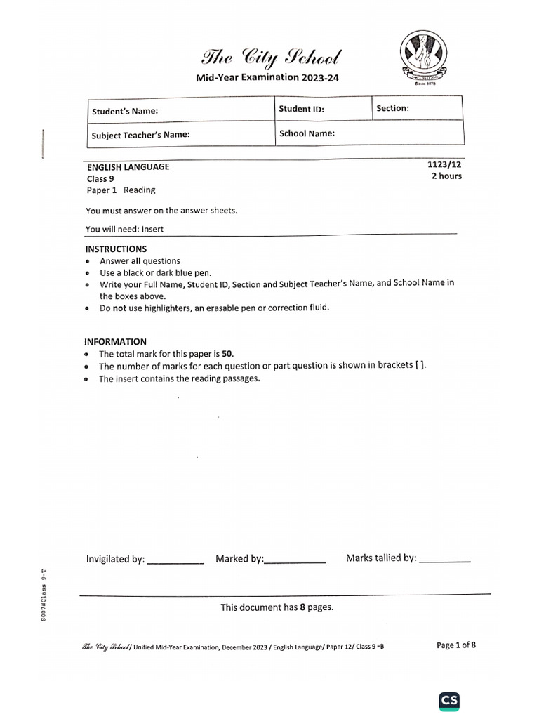 MYE EXAM 2023-24 (English p1, Class-9) 5 | PDF