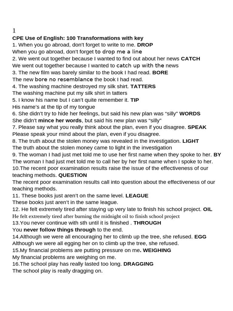 CPE Use of English 100 Transformations | PDF