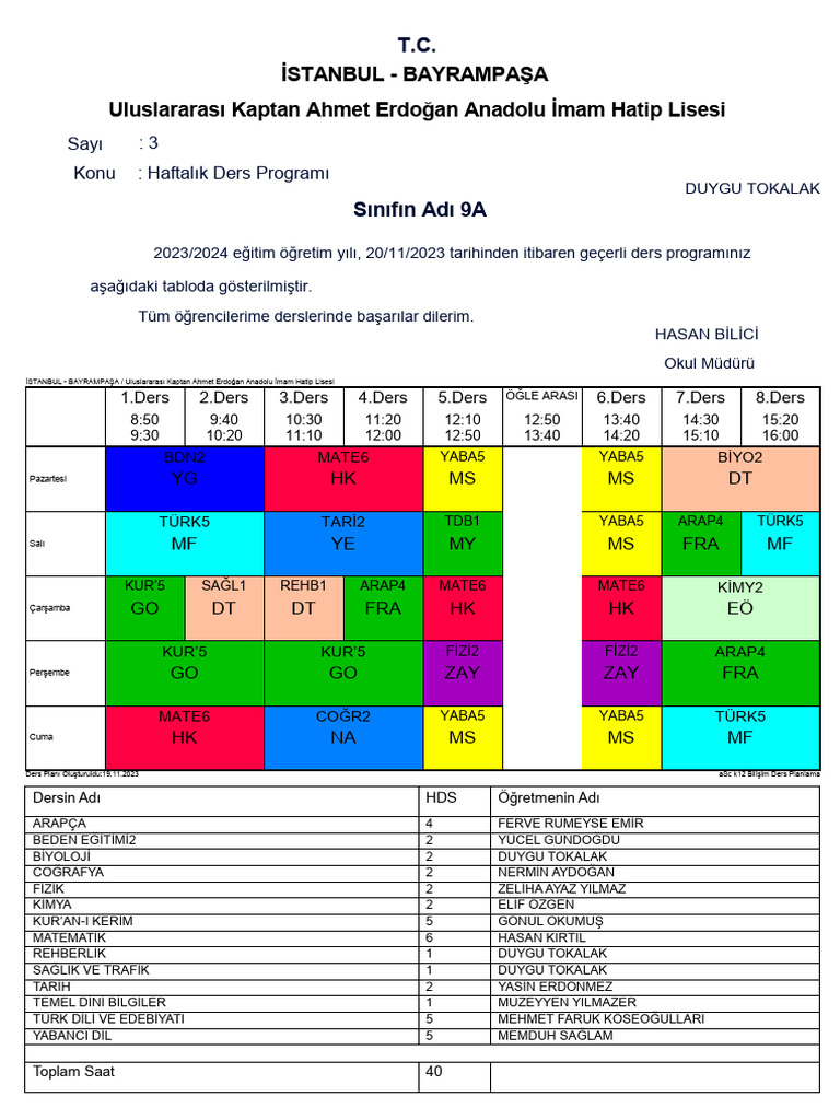 20KASIM2023-LISE-DERS-PROGRAMI | PDF