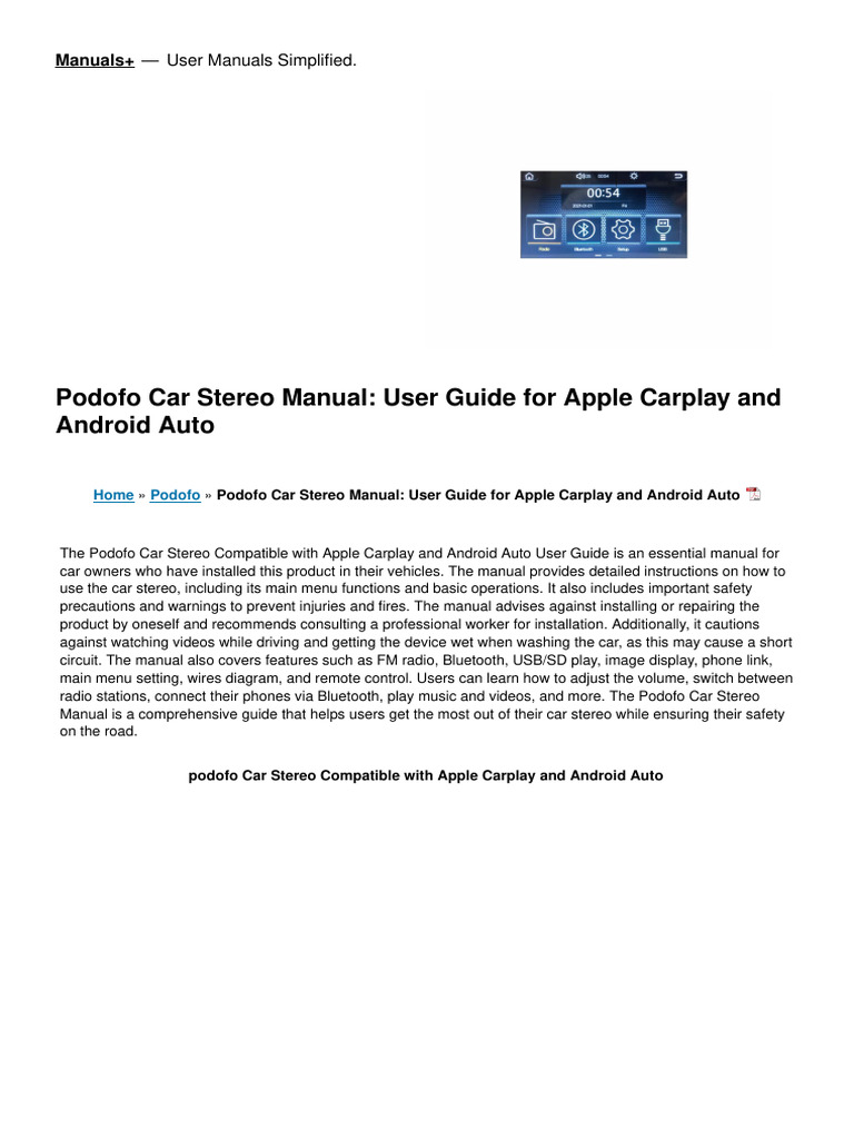 Podofo Car Stereo Manual User Guide | PDF | Android (Operating System) | Bluetooth