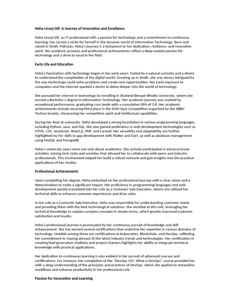 Neha Urooj Gill Biography | PDF | Artificial Intelligence | Intelligence (AI) & Semantics