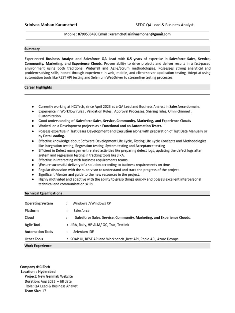 Srinivas Mohan K - QA Lead and BA | PDF | Software Testing | Selenium ...