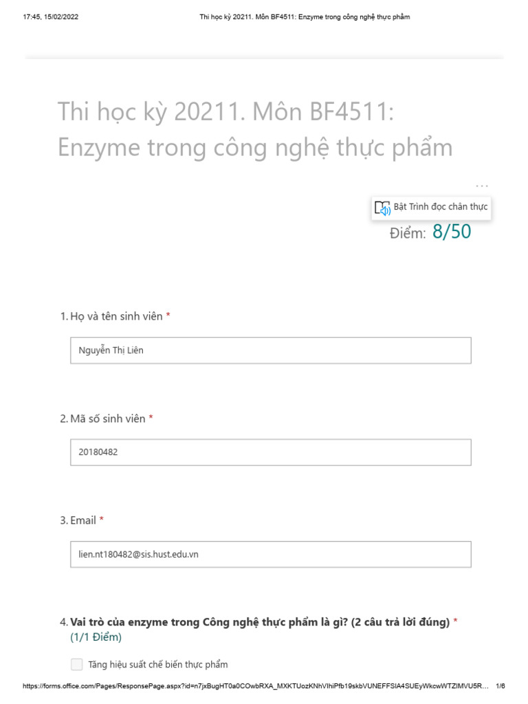 Thi học kỳ 20211. Môn BF4511 - Enzyme trong công nghệ thực phẩm | PDF