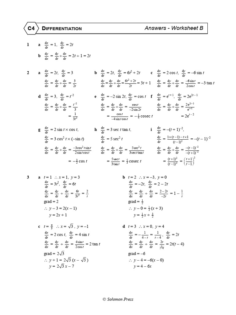 Worksheet B Differentiating Parametric Equations Solutions Pdf Geometry Differential