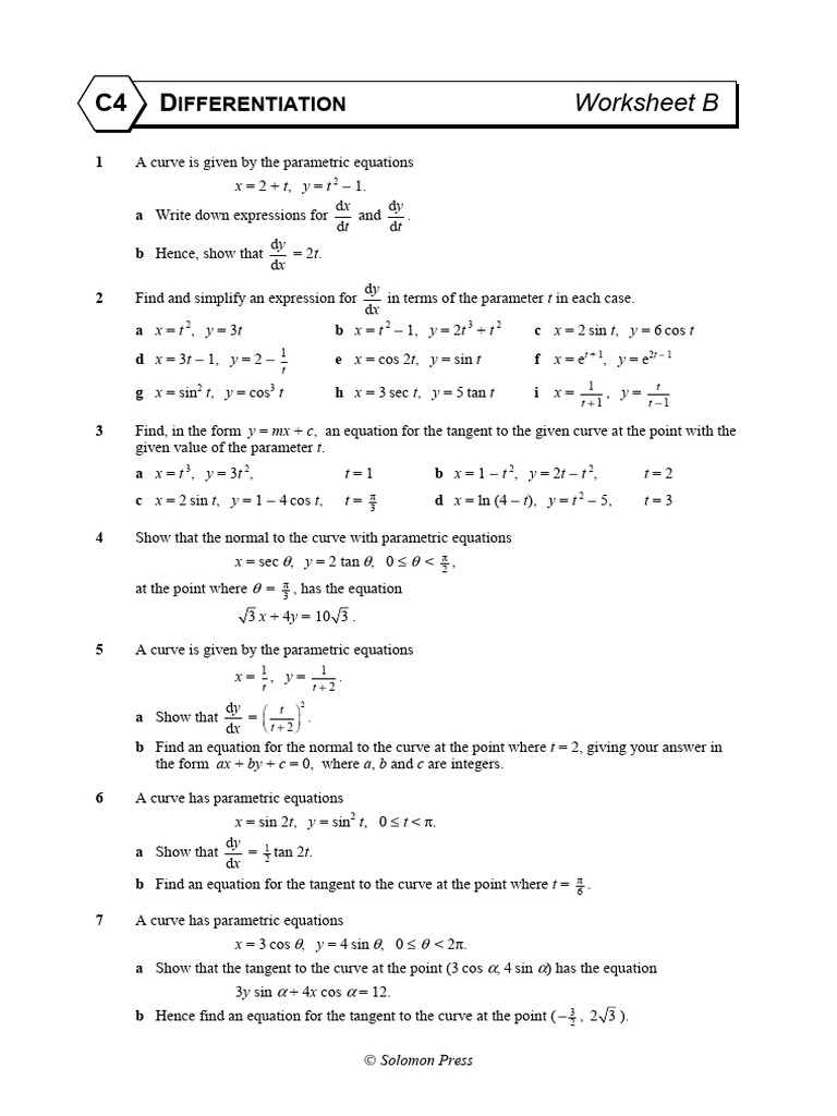Parametric Differentiation Worksheet | PDF | Equations | Analytic Geometry