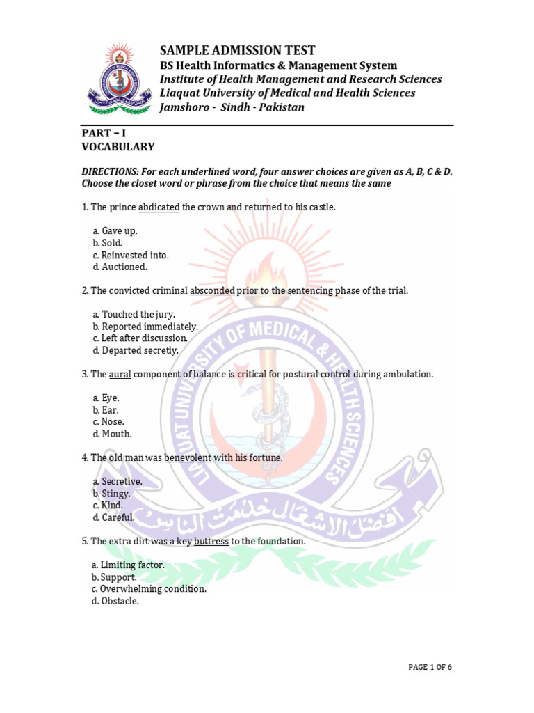 Admission Test for Health Informatics | PDF