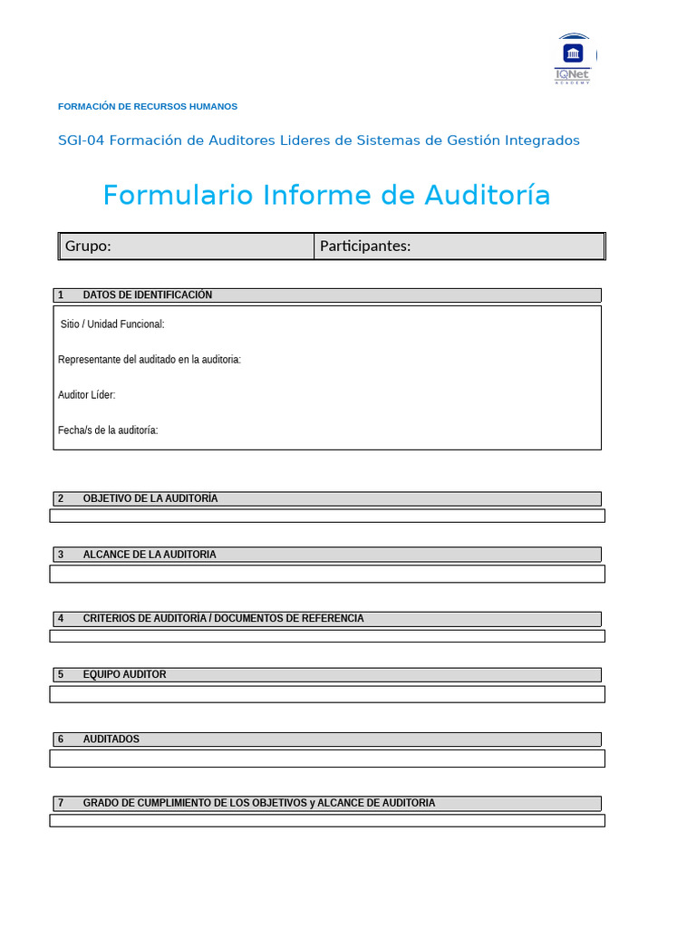 Formulario INFORME DE AUDITORÍA SGI-04 Rev 01 | PDF