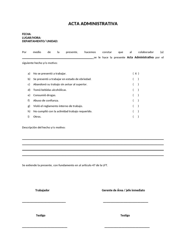 Acta Administrativa Por Ebriedad Pdf