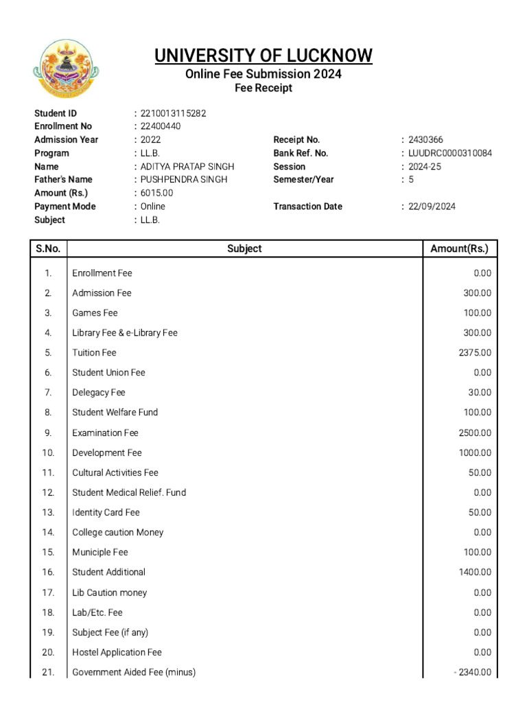 Lucknow University LL.B. Fee Receipt 2024 | PDF | Payments
