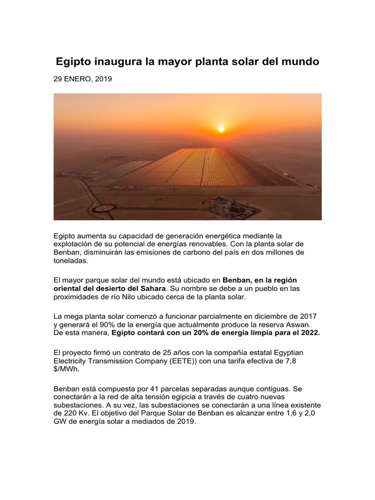 Egipto Inaugura La Mayor Planta Solar Del Mundo | PDF | Energía solar ...
