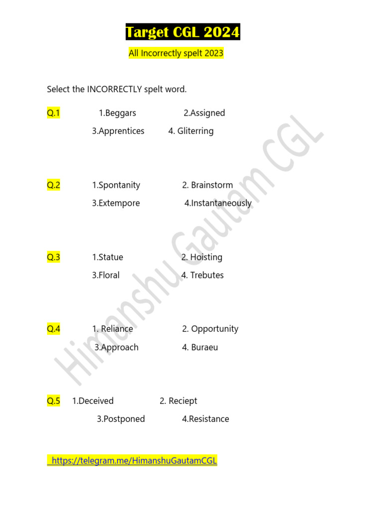 All Incorrectly Spelt CGL 2023 | PDF