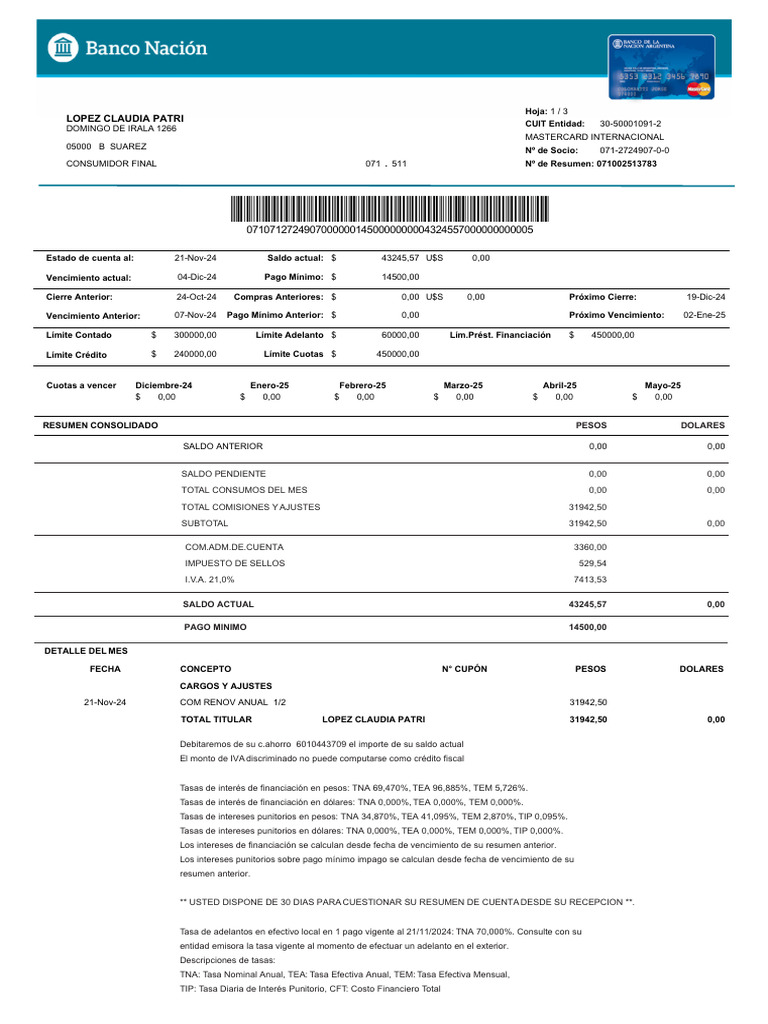 Resumen de Cuenta Mastercard Nov 2024 | PDF | Tarjeta de crédito ...