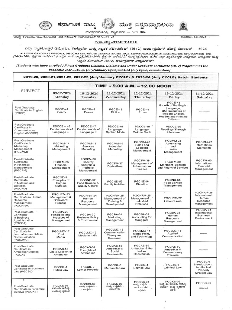 Diploma and PG Diploma Timetable 2024 | PDF