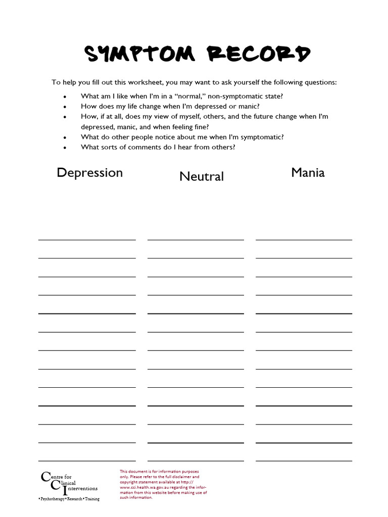 ' Bipolar Worksheet - 01 - Bipolar Symptom Record | PDF