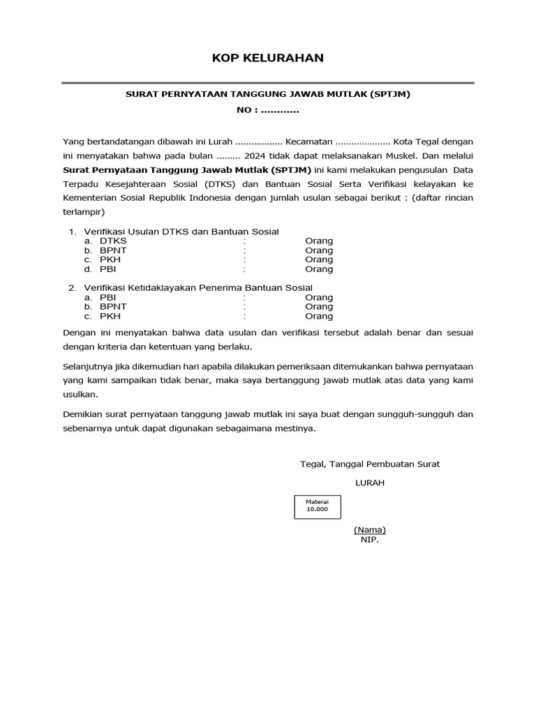 SPTJM Usulan DTKS dan Bansos 2024 | PDF