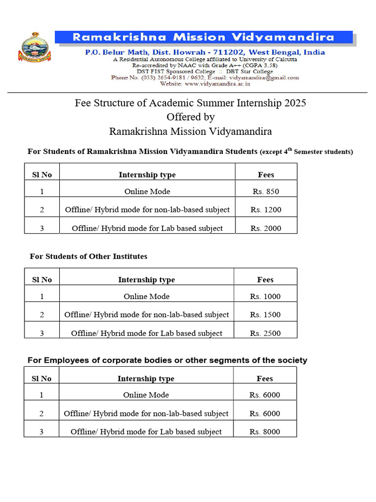 Fee Structure for VM Academic Summere Internship 2025 | PDF