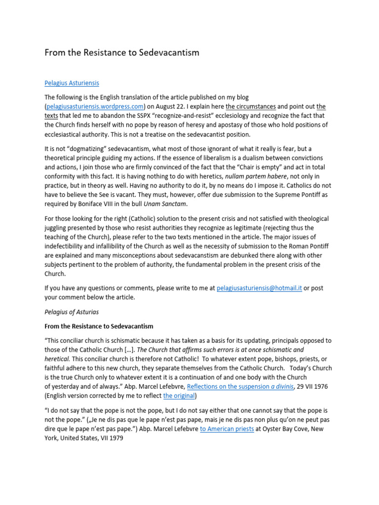 From The Resistance To Sedevacantism | PDF | Catholic Church | Pope