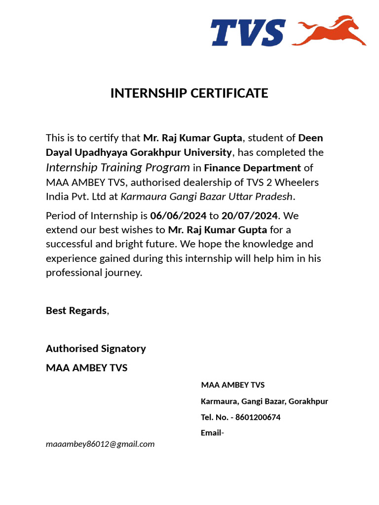 INTERNSHIP CERTIFICATE Finance | PDF
