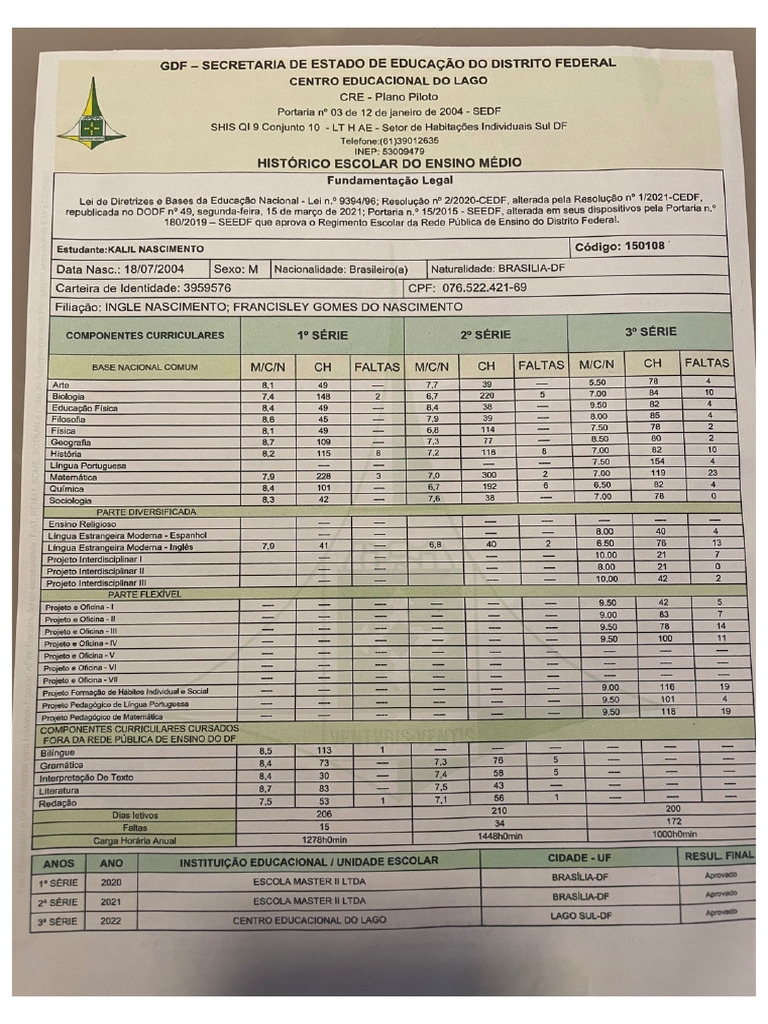 Histórico Escolar Do Ensino Médio PDF | PDF