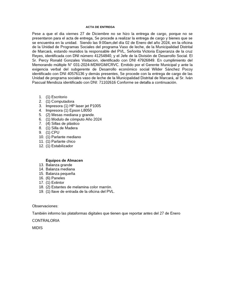 Acta de Entrega 2024 Vicky | PDF