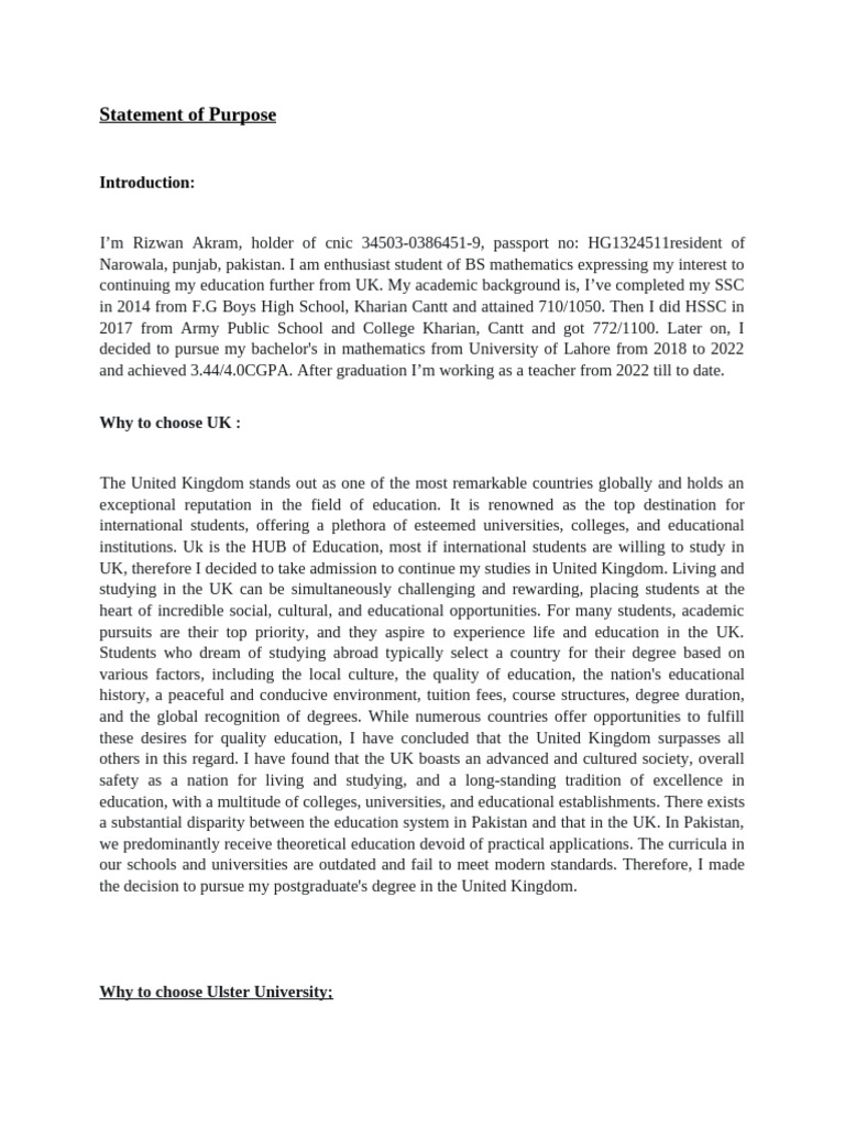 Rizwan Akram Ulster SOP | PDF | Marketing | University