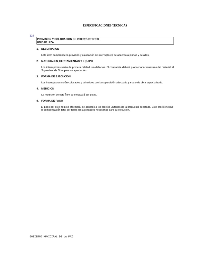 Provision Y Colocacion de Interruptores Unidad: Pza 1. Descripcion | PDF