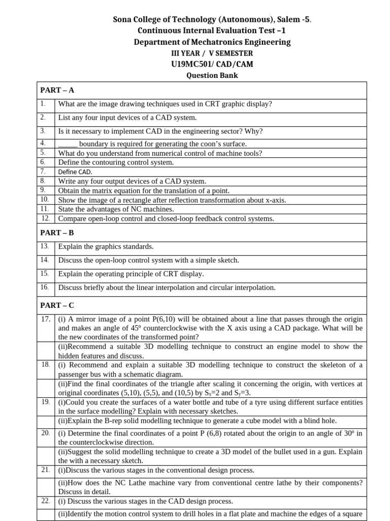 QB - CIE-1 - U19MC501 CAD CAM Set-1 ODD 2024-2025 | PDF | Cartesian ...