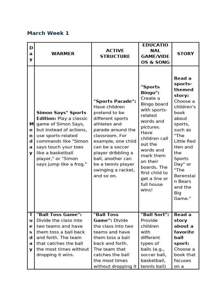 March Lesson Plan 6 Age | PDF