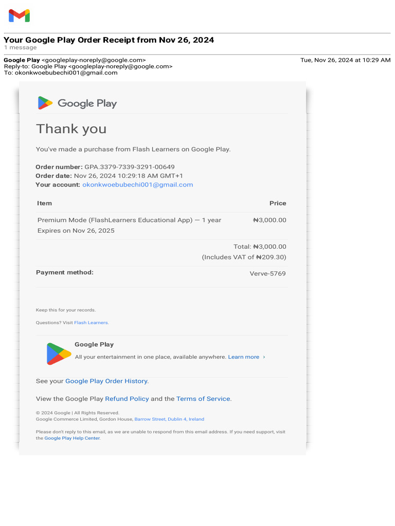 Google Play Order Receipt for Flash Learners | PDF