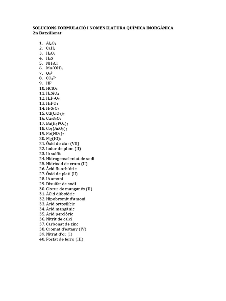 SOLUCIONS FORMULACIÓ I NOMENCLATURA QUÍMICA INORGÀNICA | PDF
