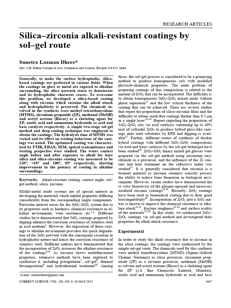 Alkali-Resistant Silica-Zirconia Coatings | PDF | Silicon Dioxide ...