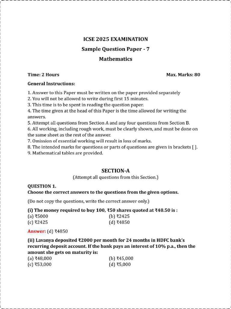ICSE Class X Math Sample Paper | PDF
