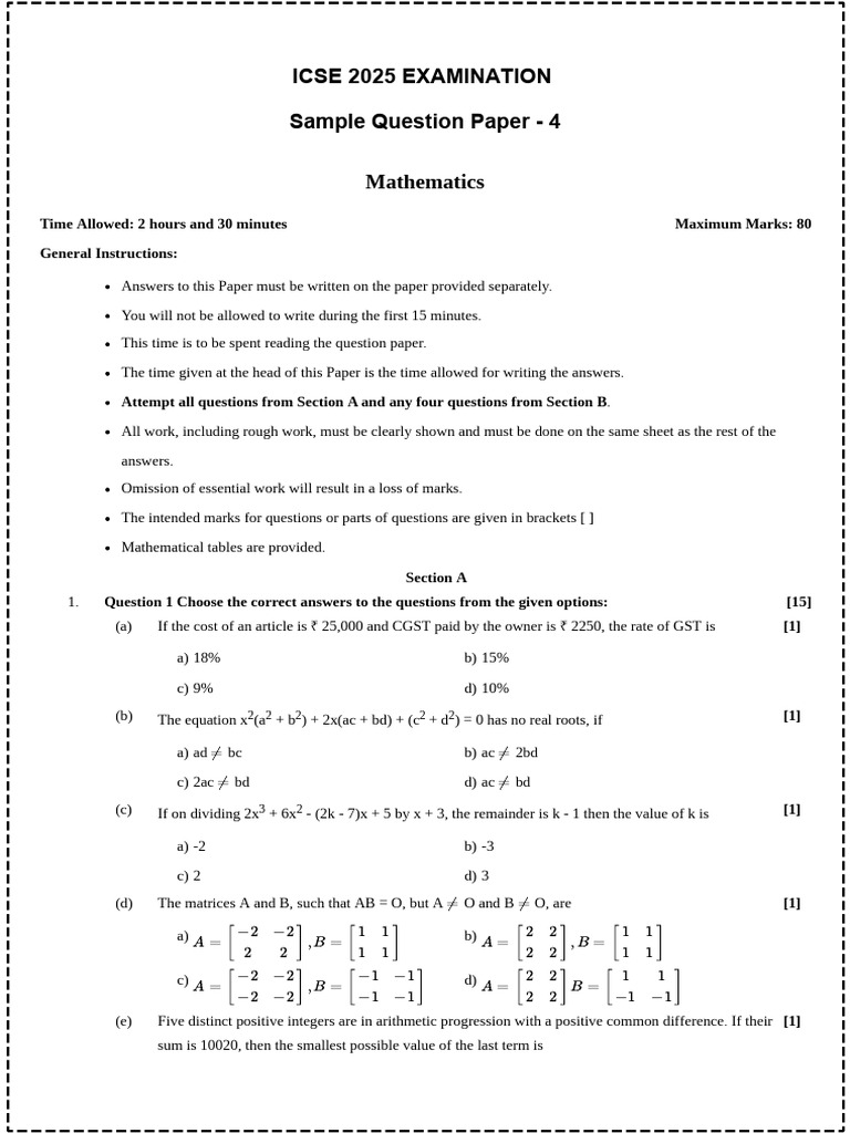 ICSE Class X Math Sample Paper | PDF | Triangle | Sphere