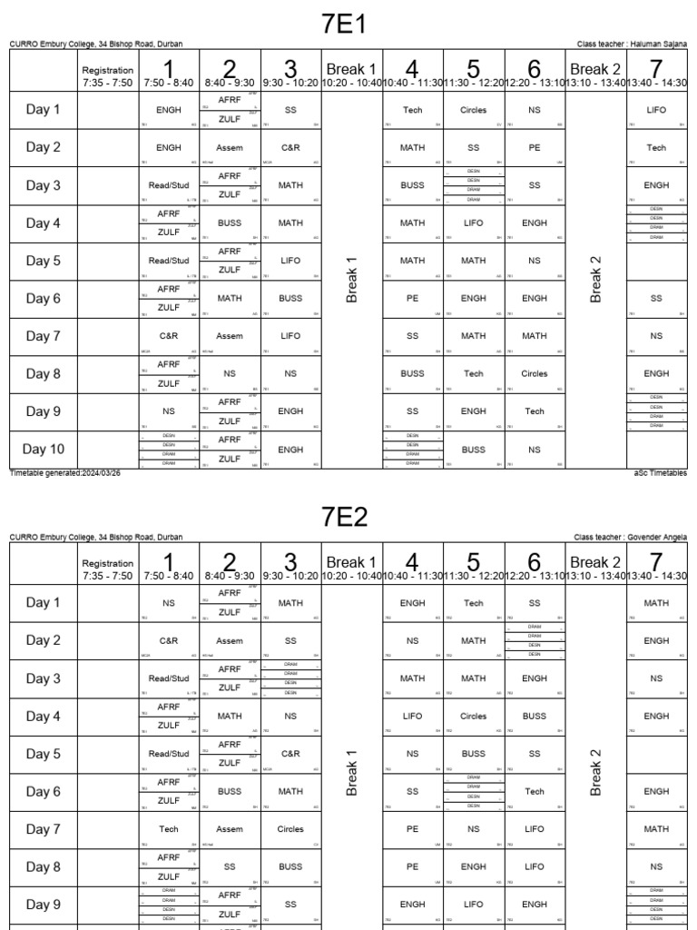 Class Timetable Term 2 - 2024 | PDF