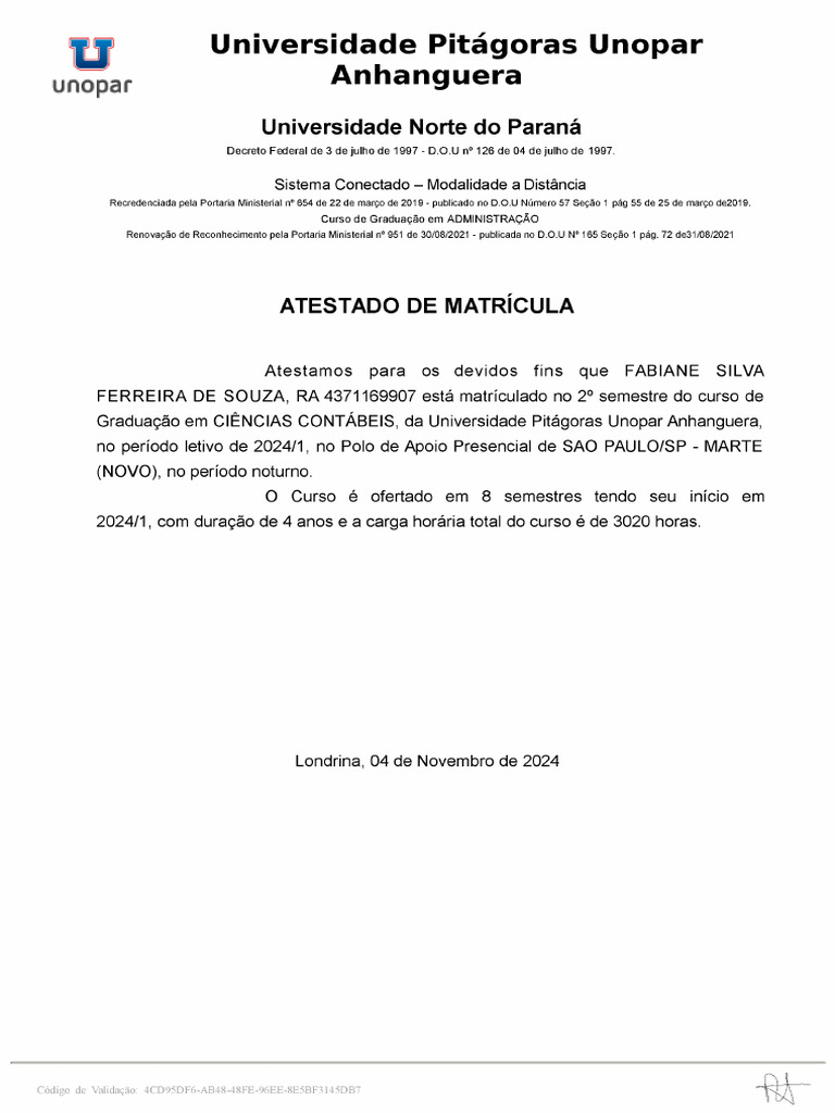 Atestado de Matrícula | PDF