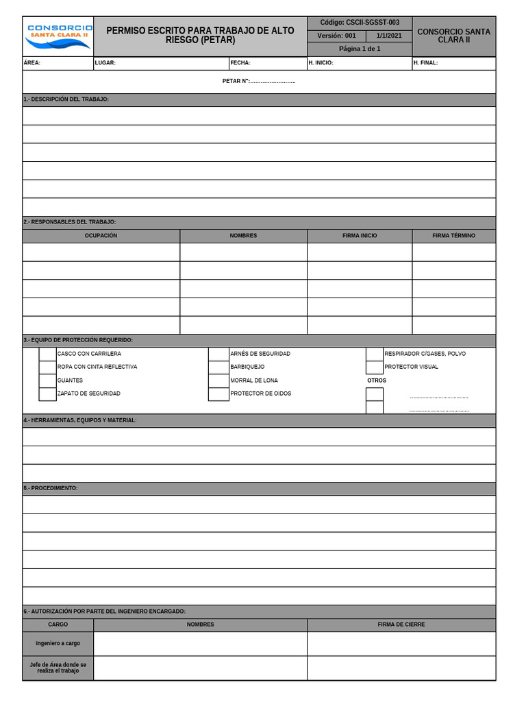 Formato - Permiso Escrito Para Trabajos de Alto Riesgo (Petar) | PDF