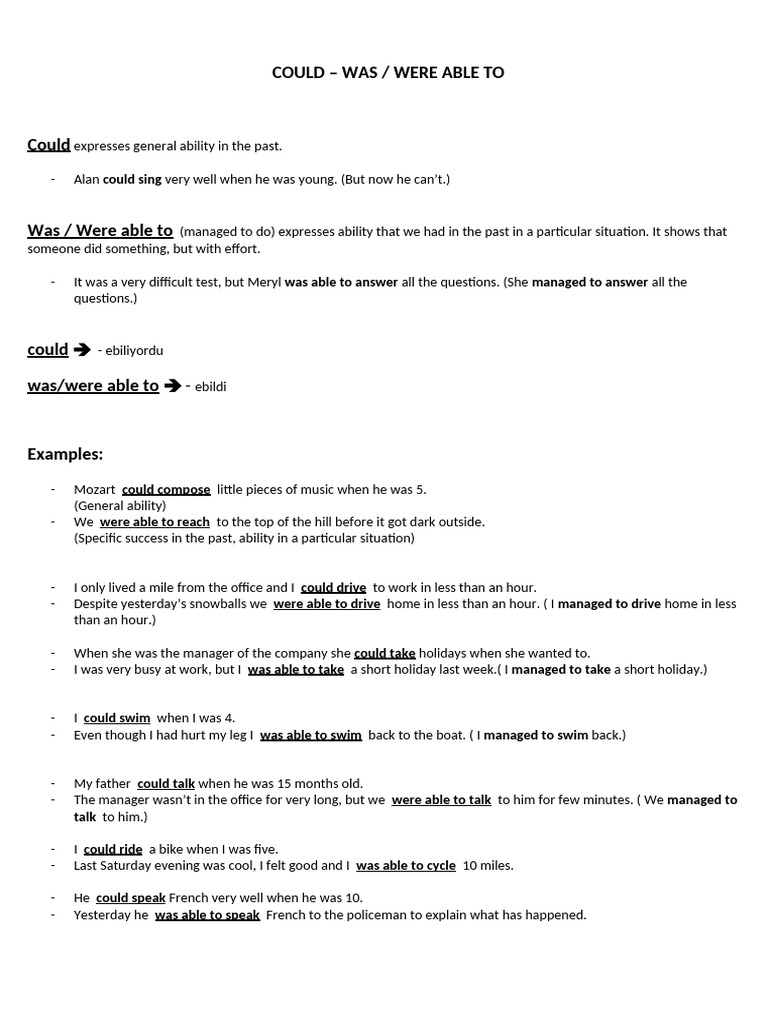 Could, Was/Were Able To | PDF | Linguistics | Grammar