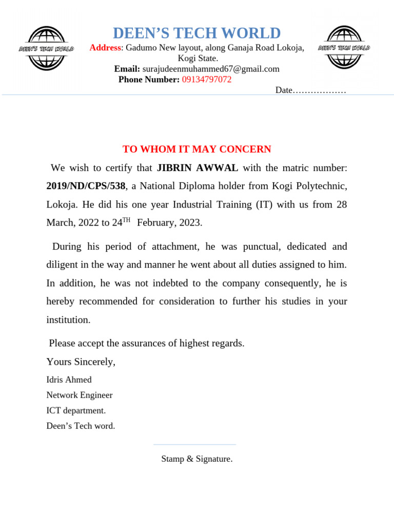 Deen Siwes Acceptance Letter | PDF