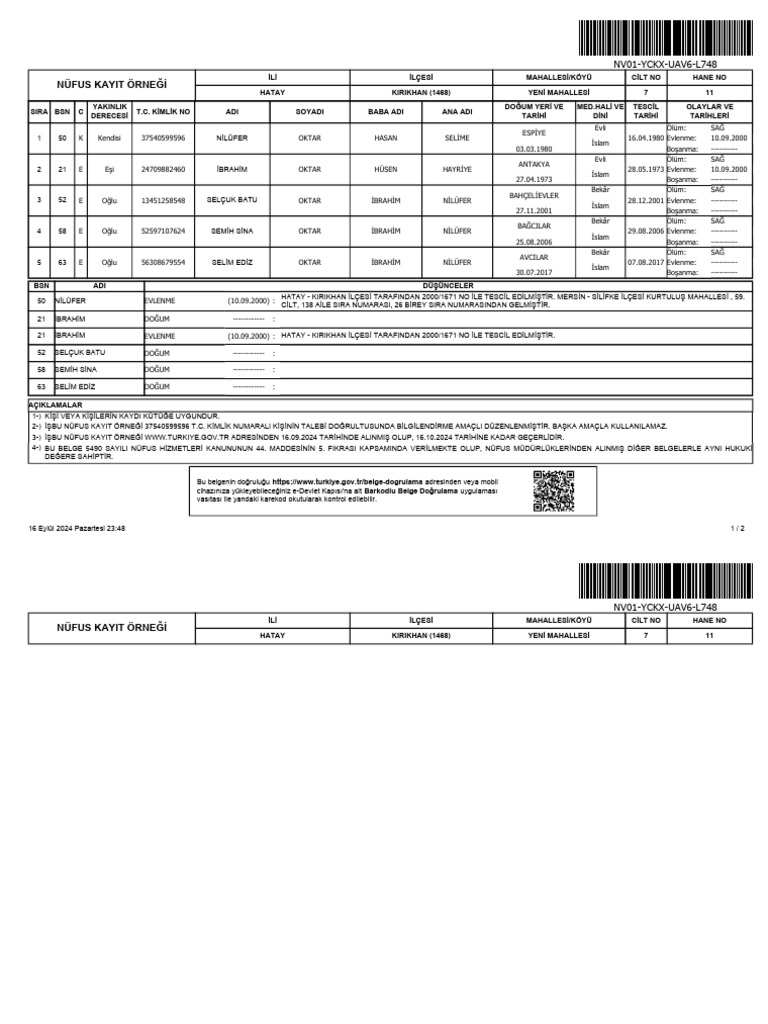 Nufus Kayit Ornegi | PDF