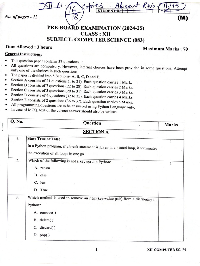 12 CS PreBoard Evg Dec 24 | PDF