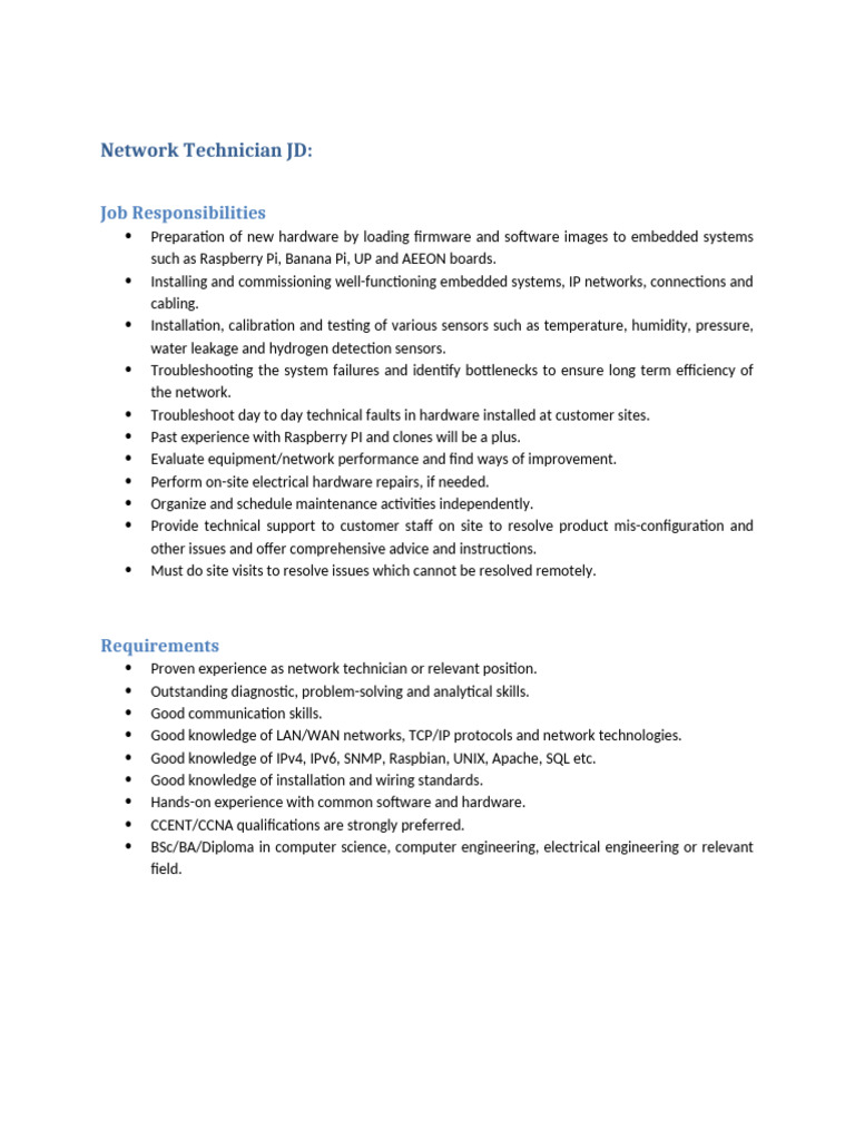 Network Technician Role | PDF